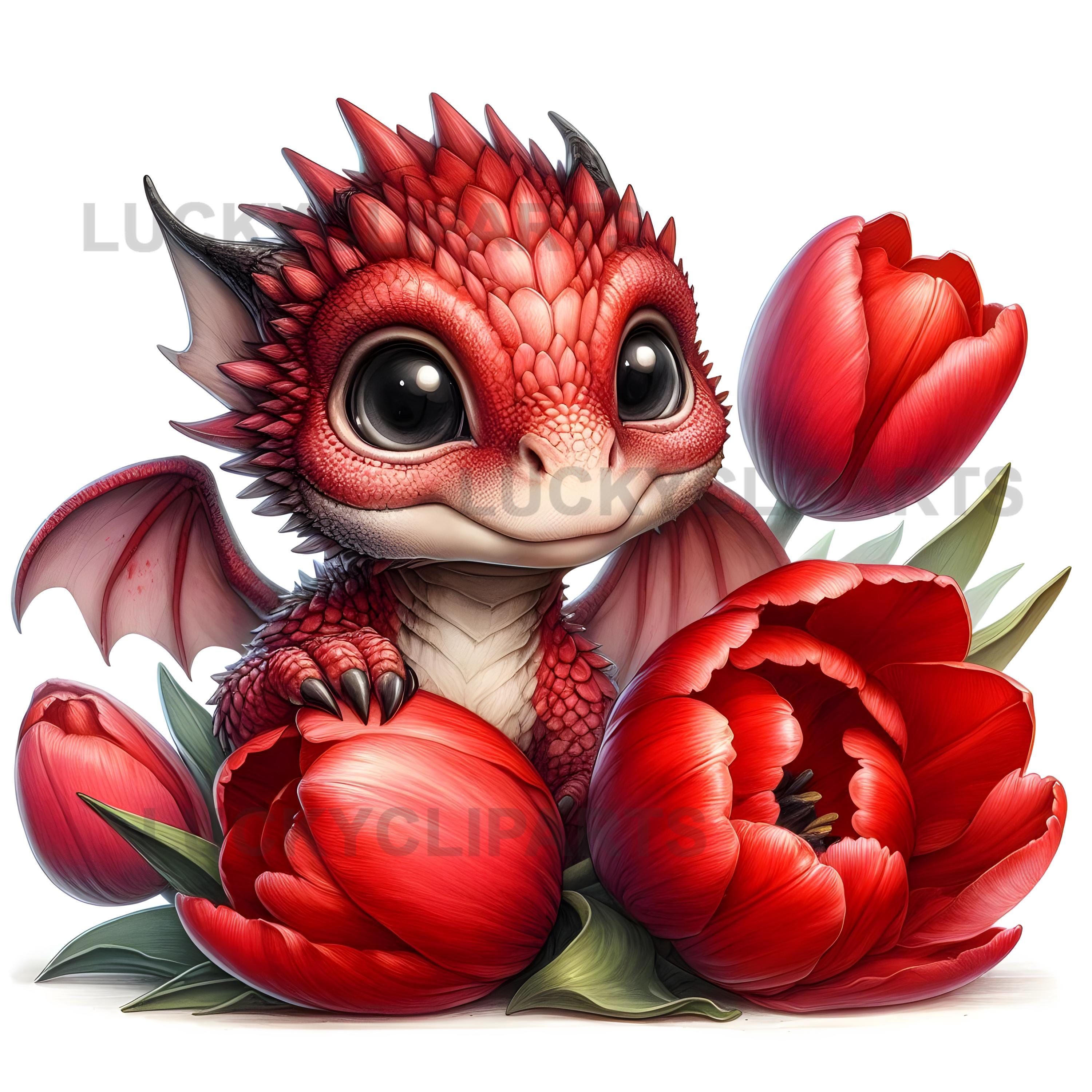 Baby Dragon Clipart Bundle Red Tulip Dragon Flower 10 JPEG Bundle, Cute ...