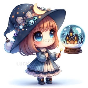 Halloween Doll Blue Witch Clipart Set of 10 JPEG, Cute Chibi Witch Girl ...