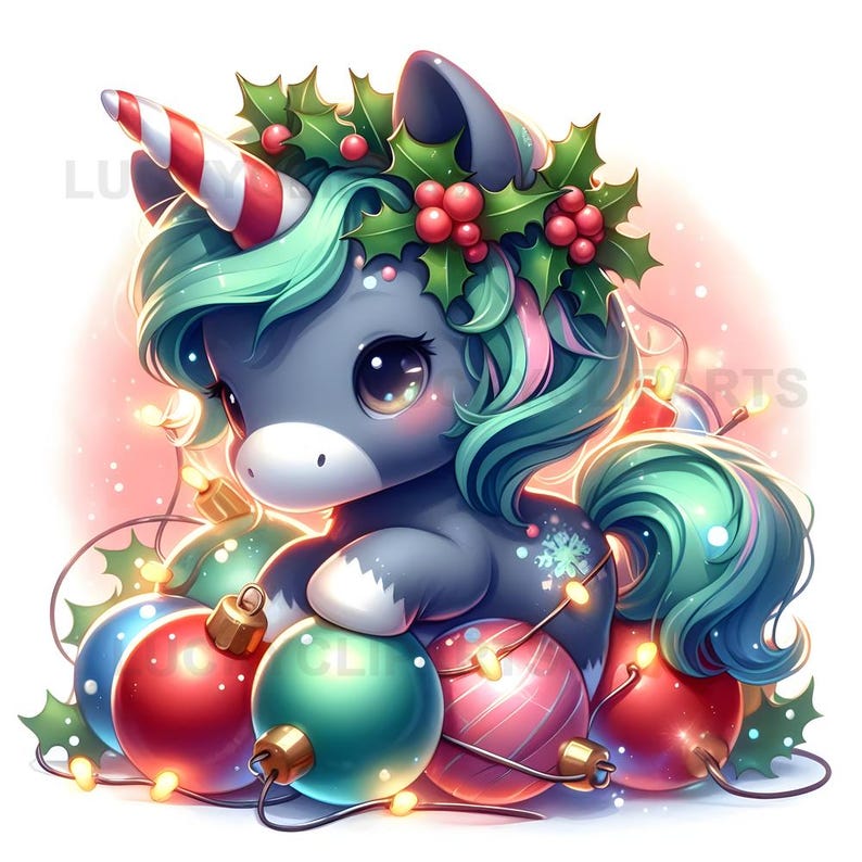 Christmas Unicorn Clipart Set of 10, Cute Holiday Unicorns, Festive ...