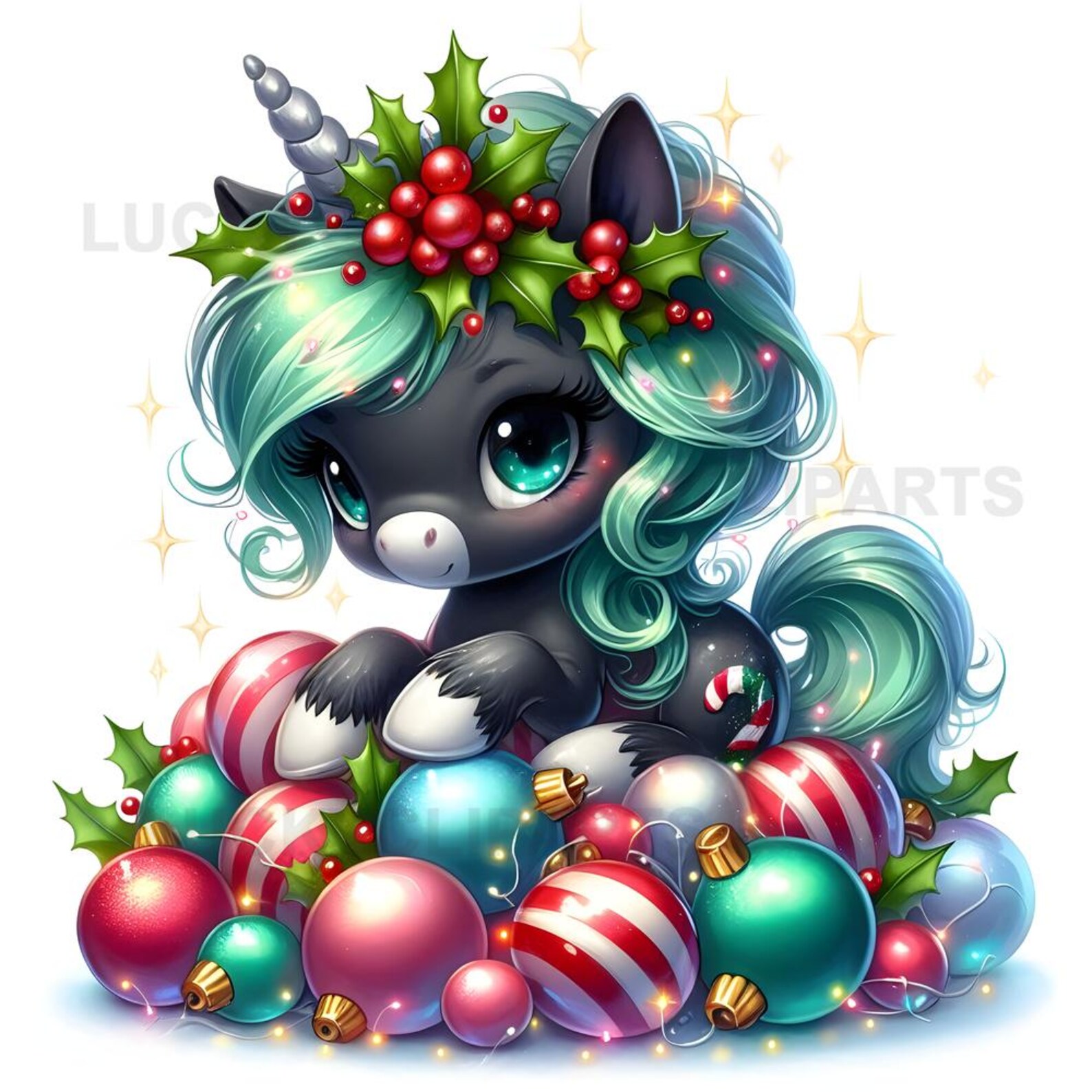 Christmas Black Unicorn Clipart Set of 10, Cute Holiday Unicorns With ...