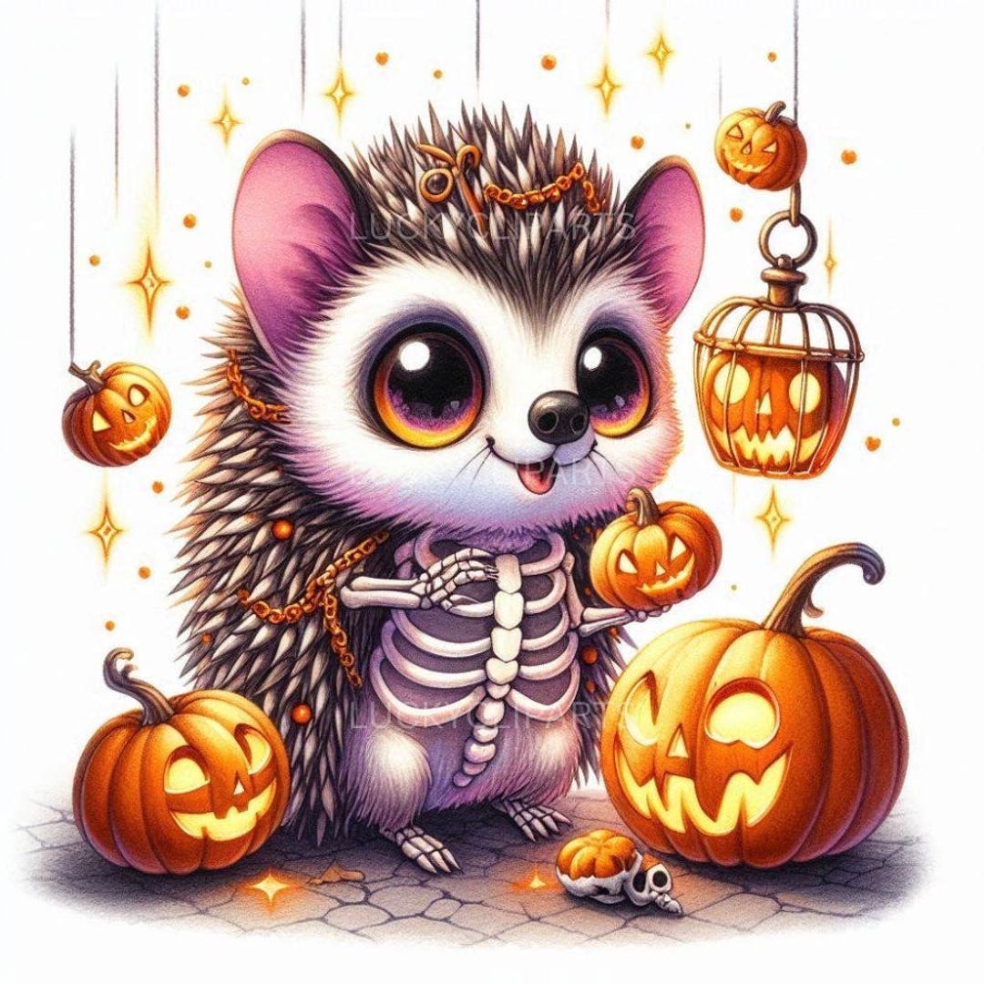 Halloween Hedgehog Clipart, Cute Spooky Animal JPEG, Pumpkin Ghost ...