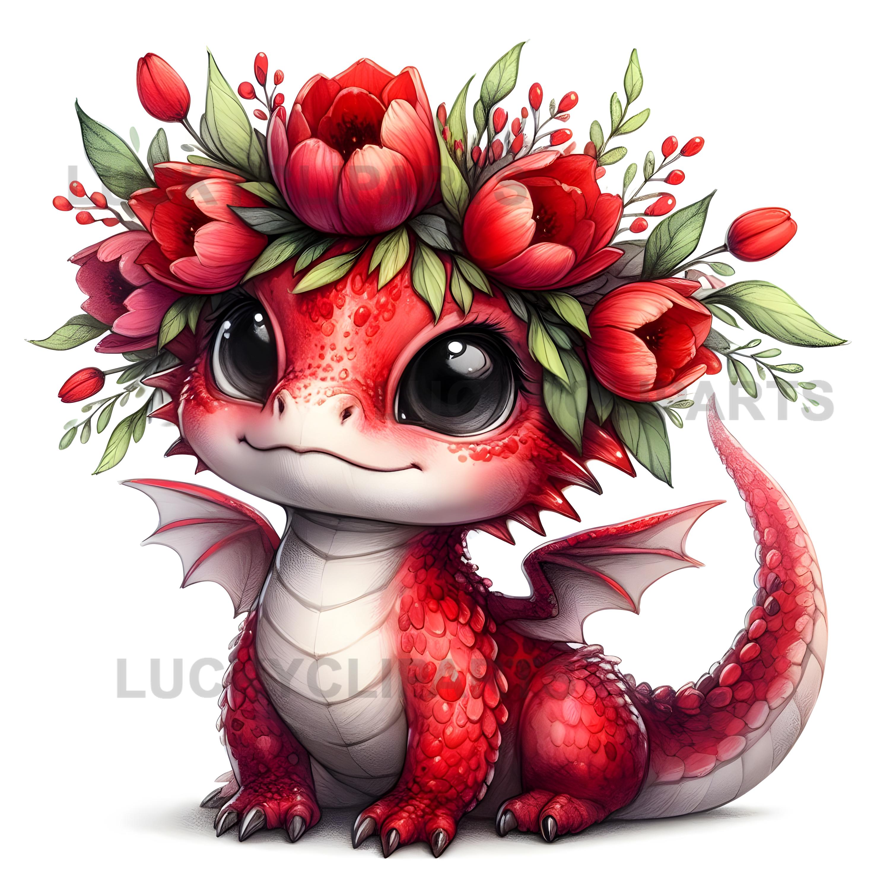 Baby Dragon Clipart Bundle Red Tulip Dragon Flower 10 JPEG Bundle, Cute ...