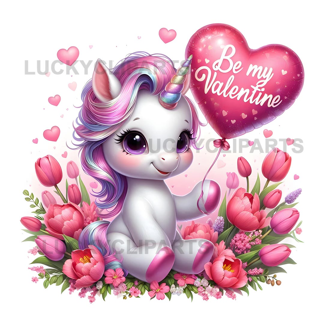 Valentine Unicorn Clipart With Heart Balloon | Kawaii Pink Unicorn JPEG ...