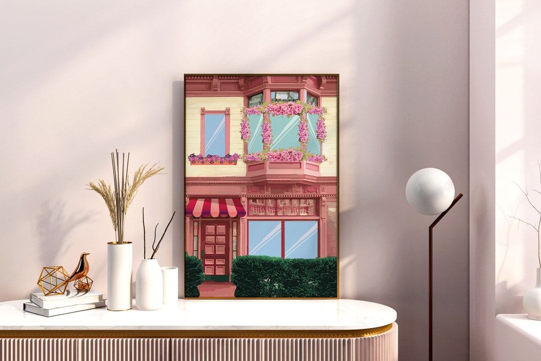 Cute Pink Building Poster, Apartment Decor Aesthetic, Architecture ...