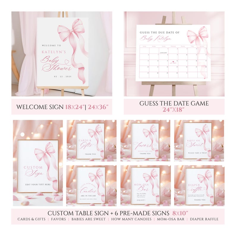 Pink Bow Baby Shower Bundle Template Pink Ribbon Girl Baby Shower Canva ...