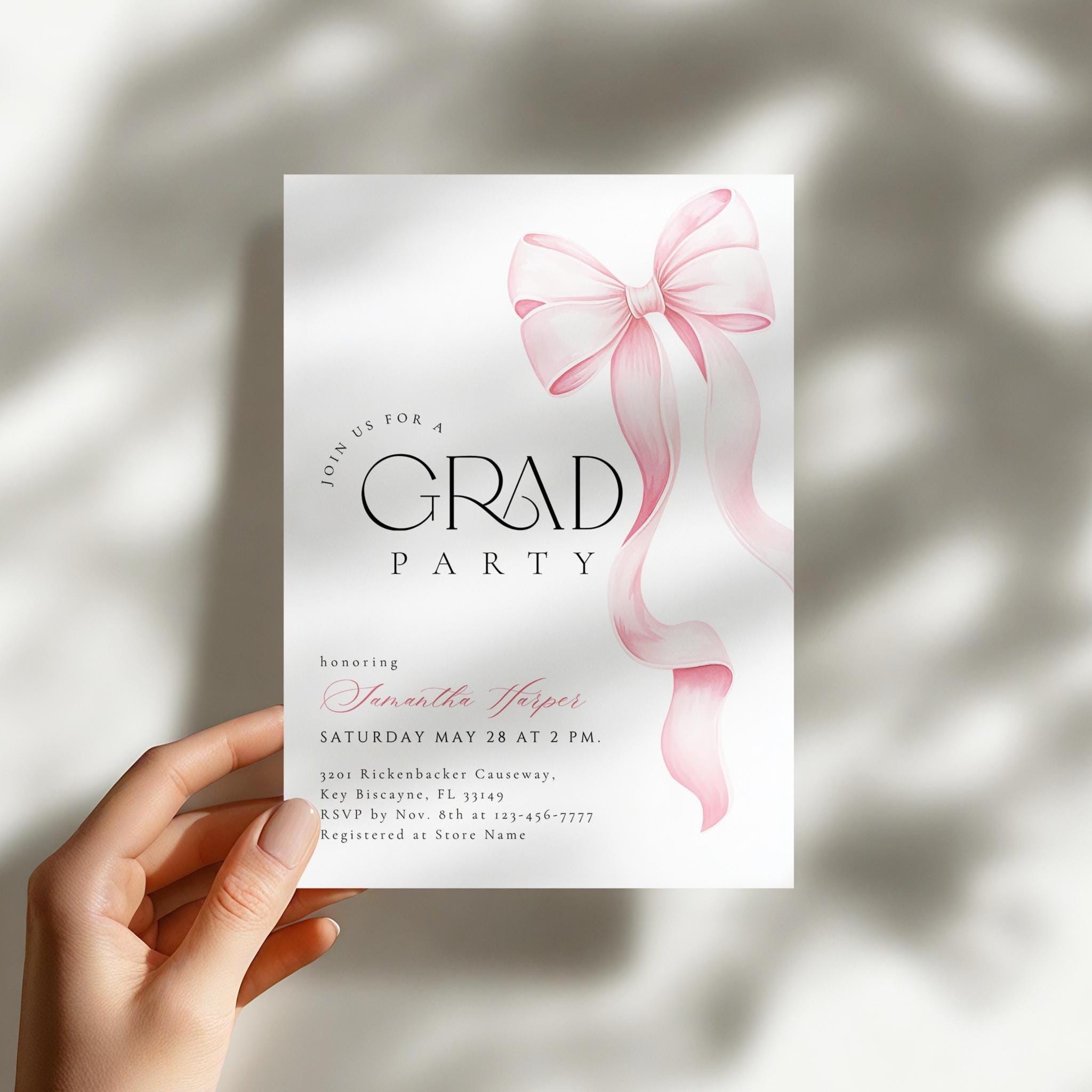 Graduation Party Invitation Pink Bow Digital Graduation Announcement ...