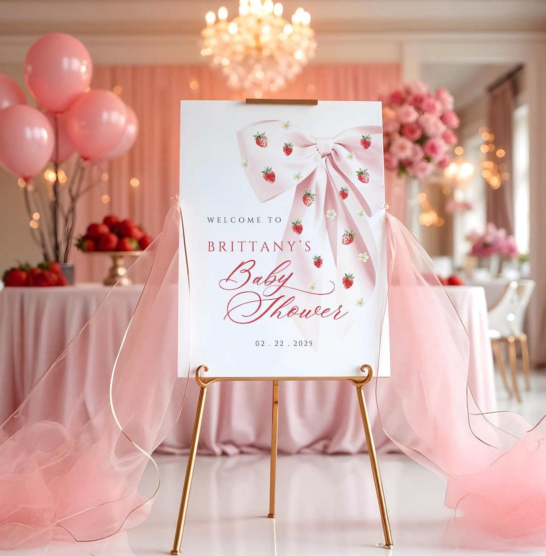 Berry Sweet Baby Shower Sign Canva Template Strawberry Girl Baby Shower ...