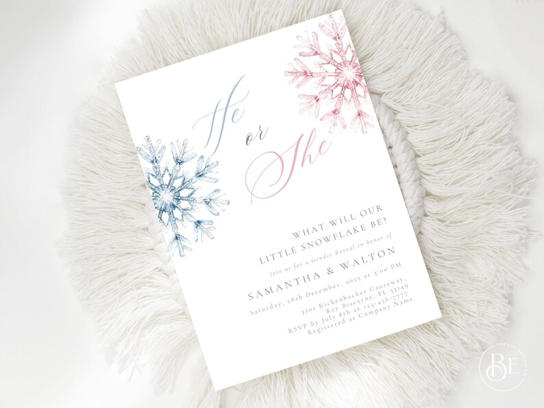 Editable Pink and Blue Snowflake Gender Reveal Invitation Canva ...