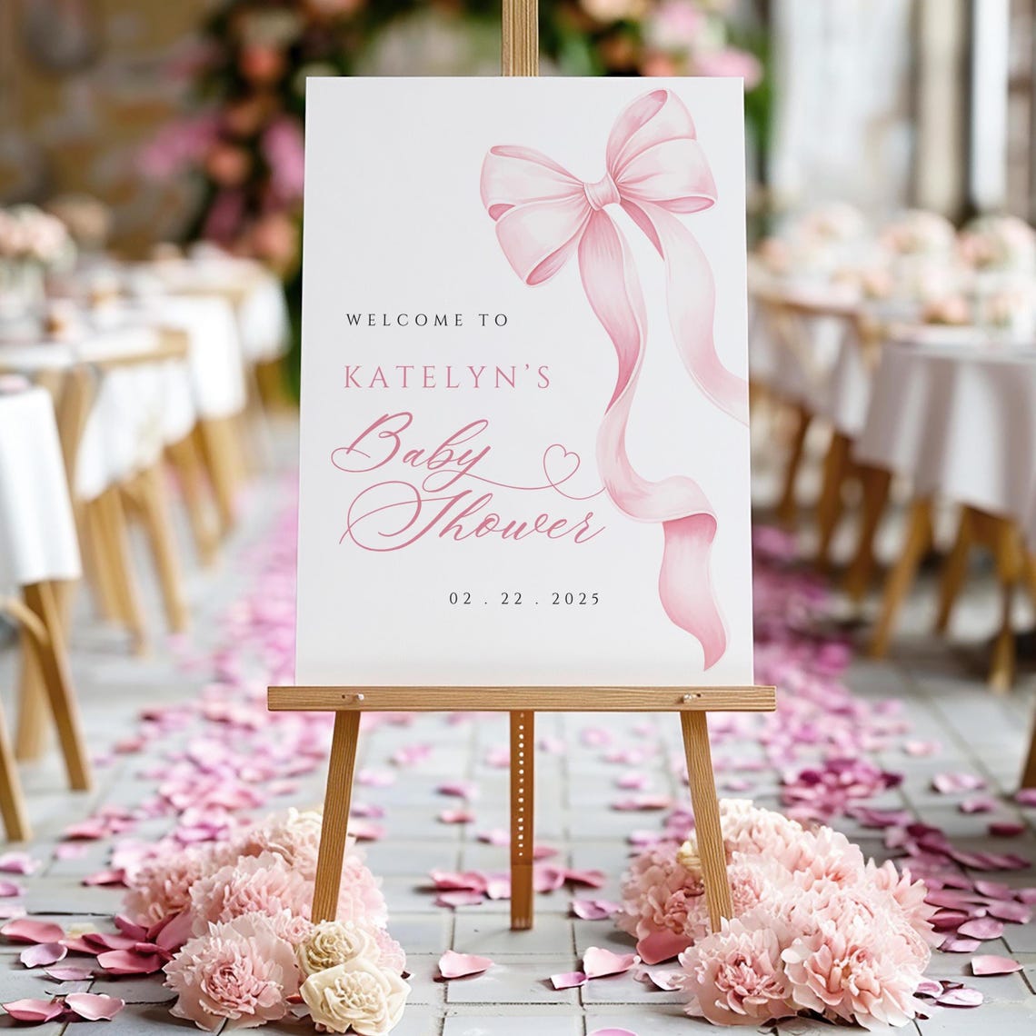 Pink Ribbon Baby Shower Sign Template Pink Bow Girl Baby Shower Canva ...