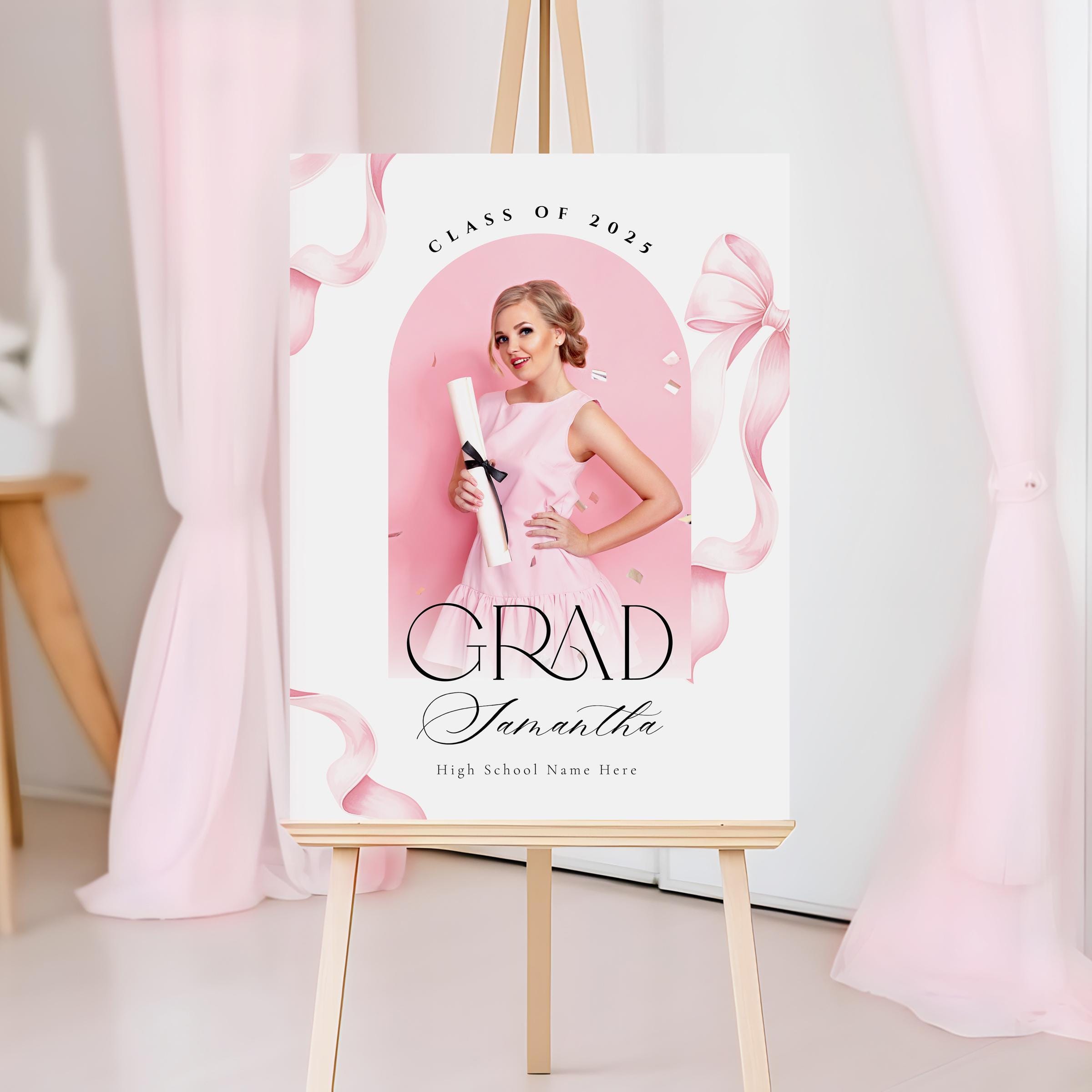 Graduation Party Welcome Sign Pink Bow Digital Graduation Photo Sign ...