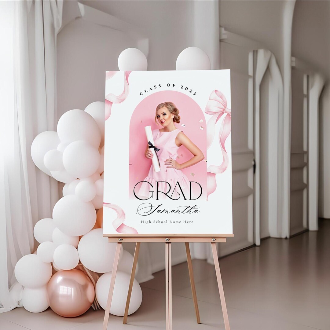 Graduation Party Welcome Sign Pink Bow Digital Graduation Photo Sign ...