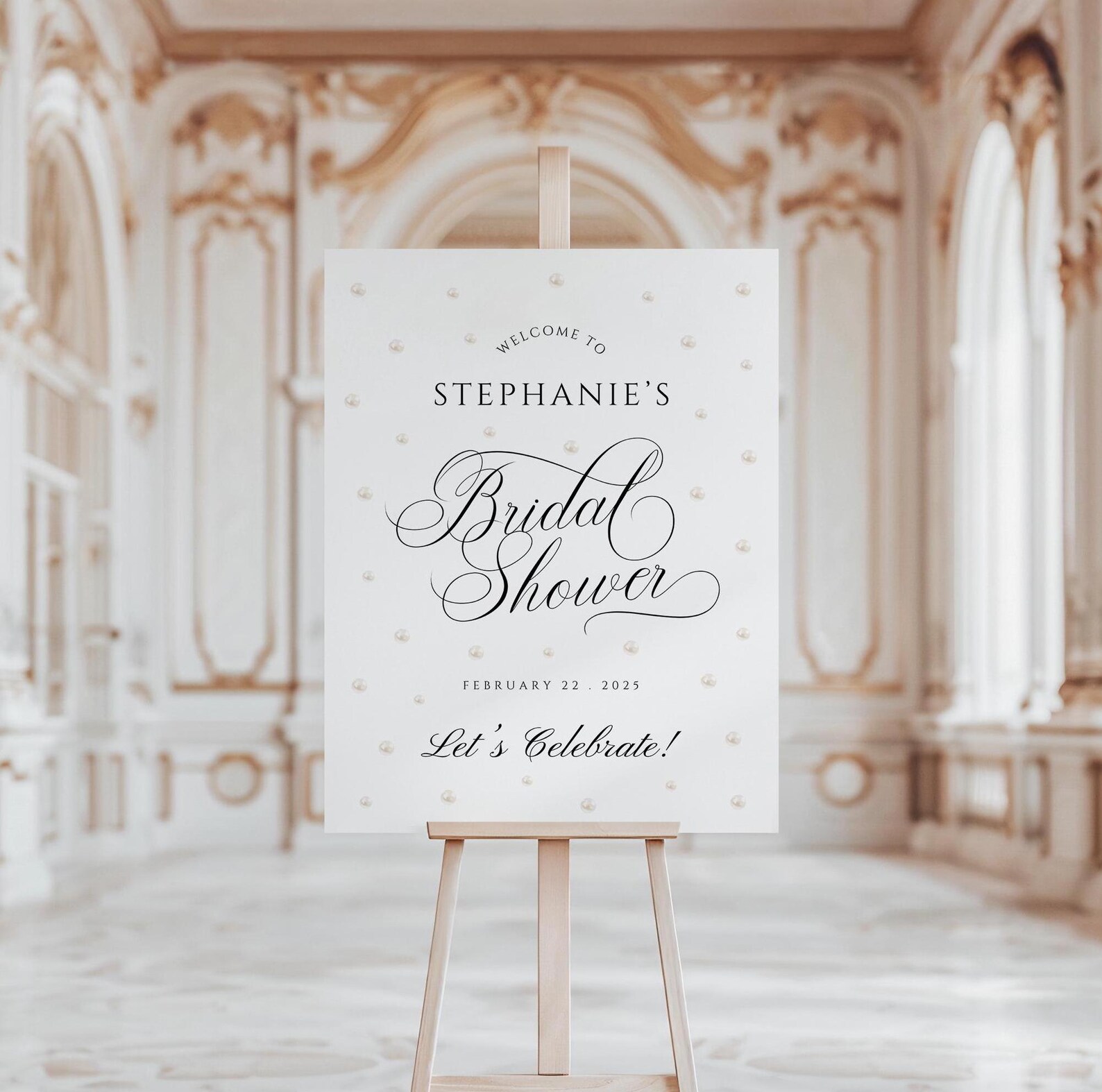 Editable Pearls Bridal Shower Sign Elegant Pearls & Prosecco Welcome ...