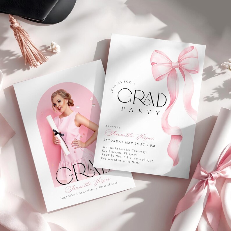 Graduation Party Invitation Pink Bow Digital Graduation Announcement ...