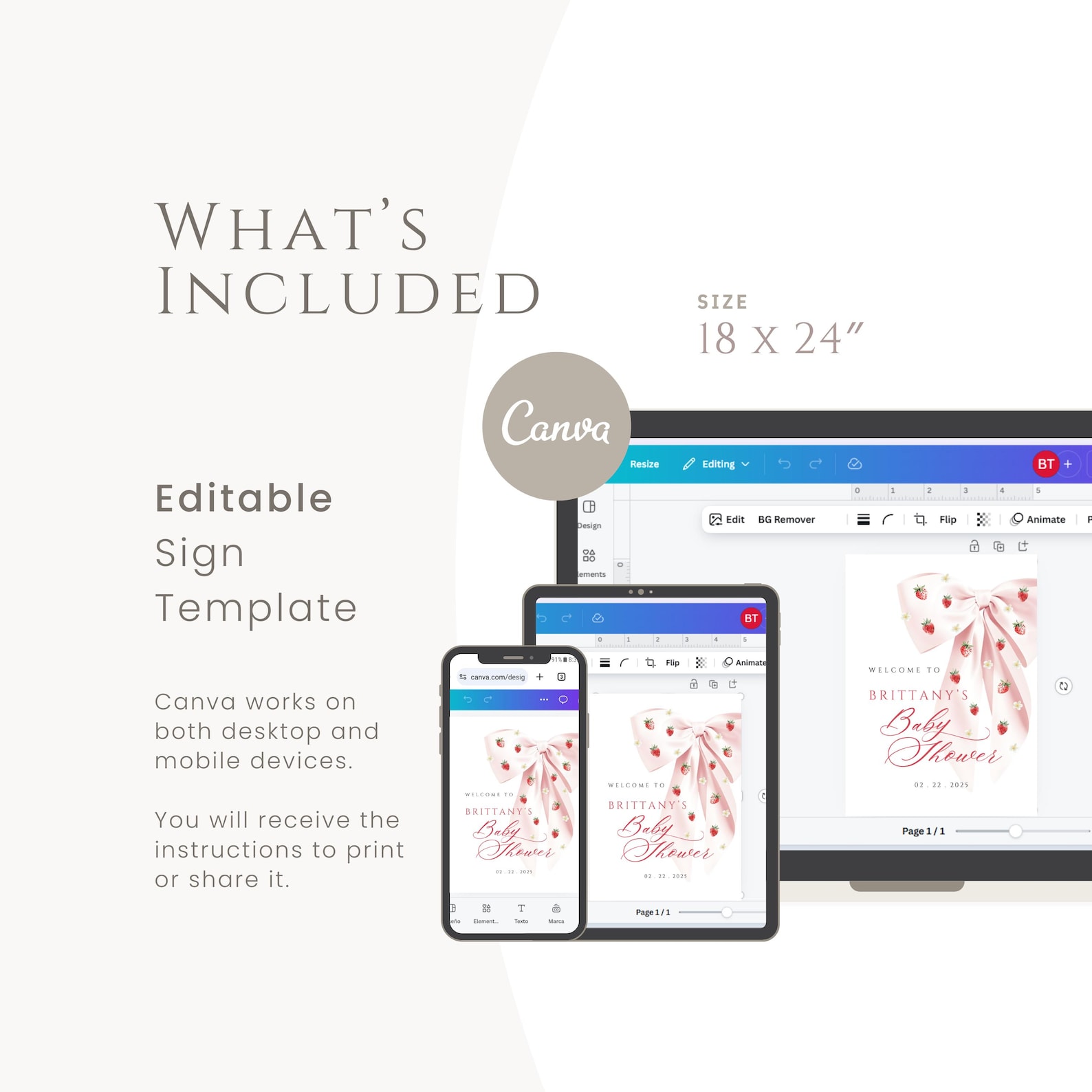 Berry Sweet Baby Shower Sign Canva Template Strawberry Girl Baby Shower ...