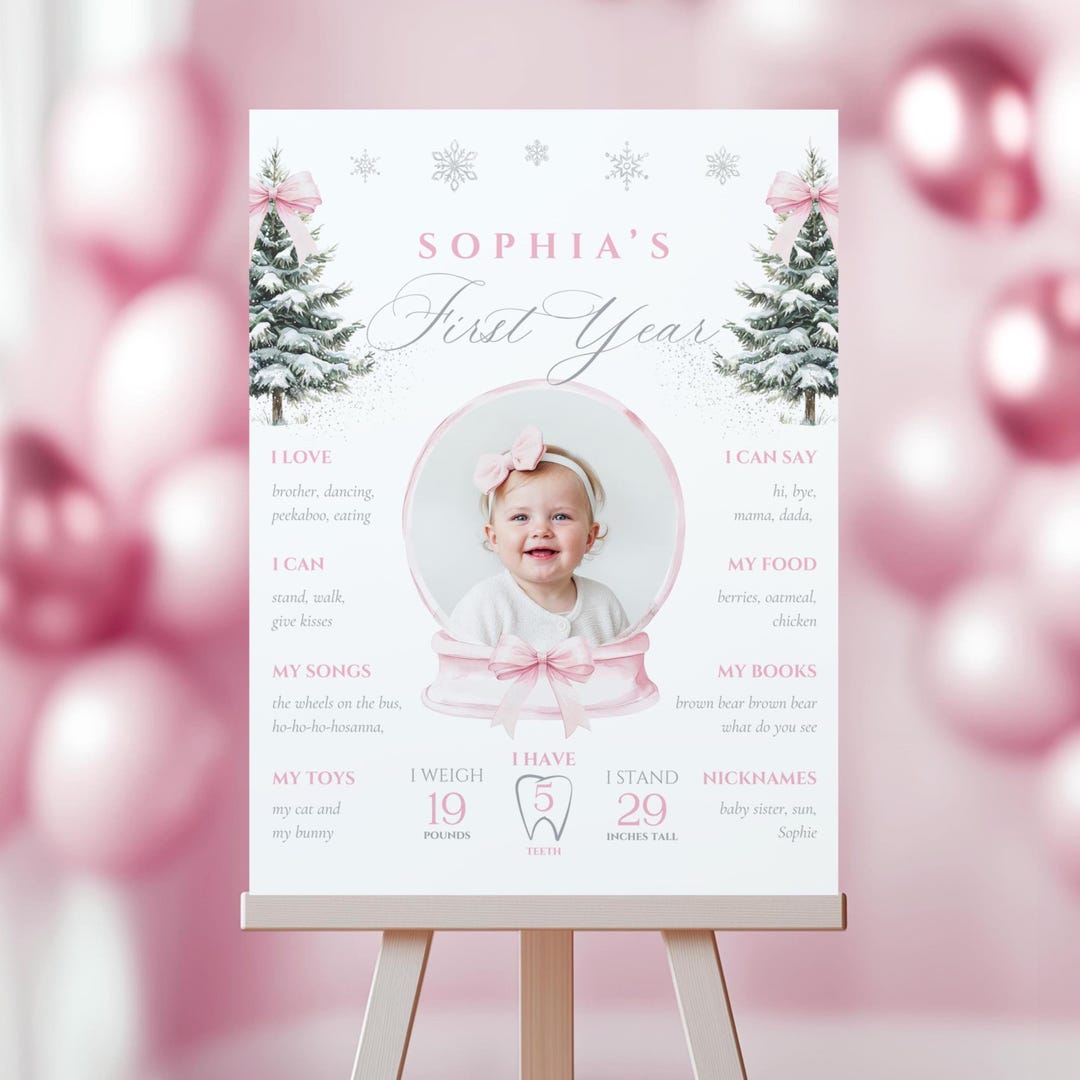 Winter Onederland Milestone Poster, Pink Snow Globe Sign (editable ...