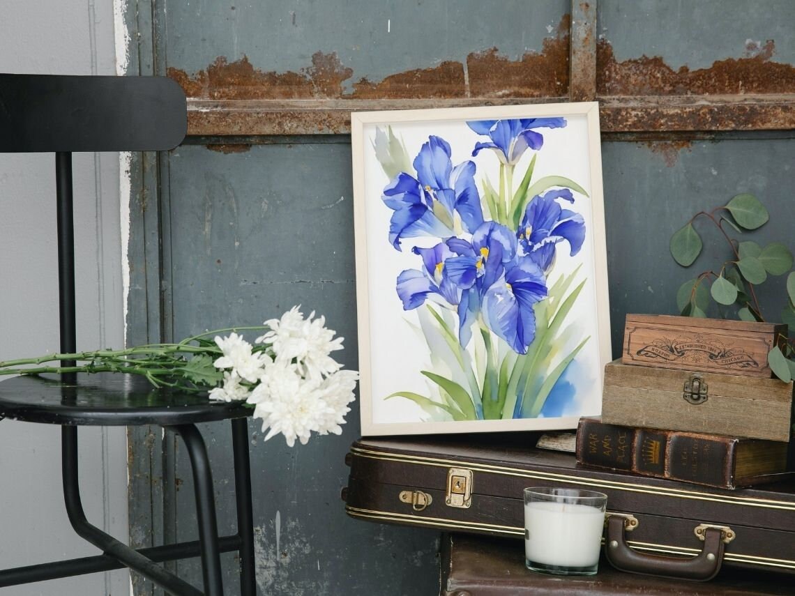 Irises Print, Watercolor Floral Print, Digital Download Wall Art, Blue ...