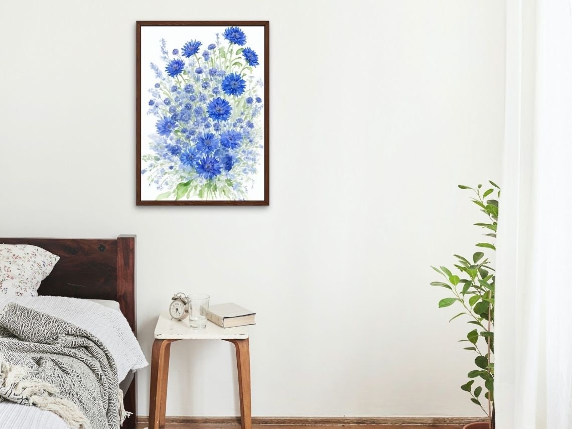 Printable Cornflower Watercolor Art, Cornflower Wall Decor, Cornflower ...