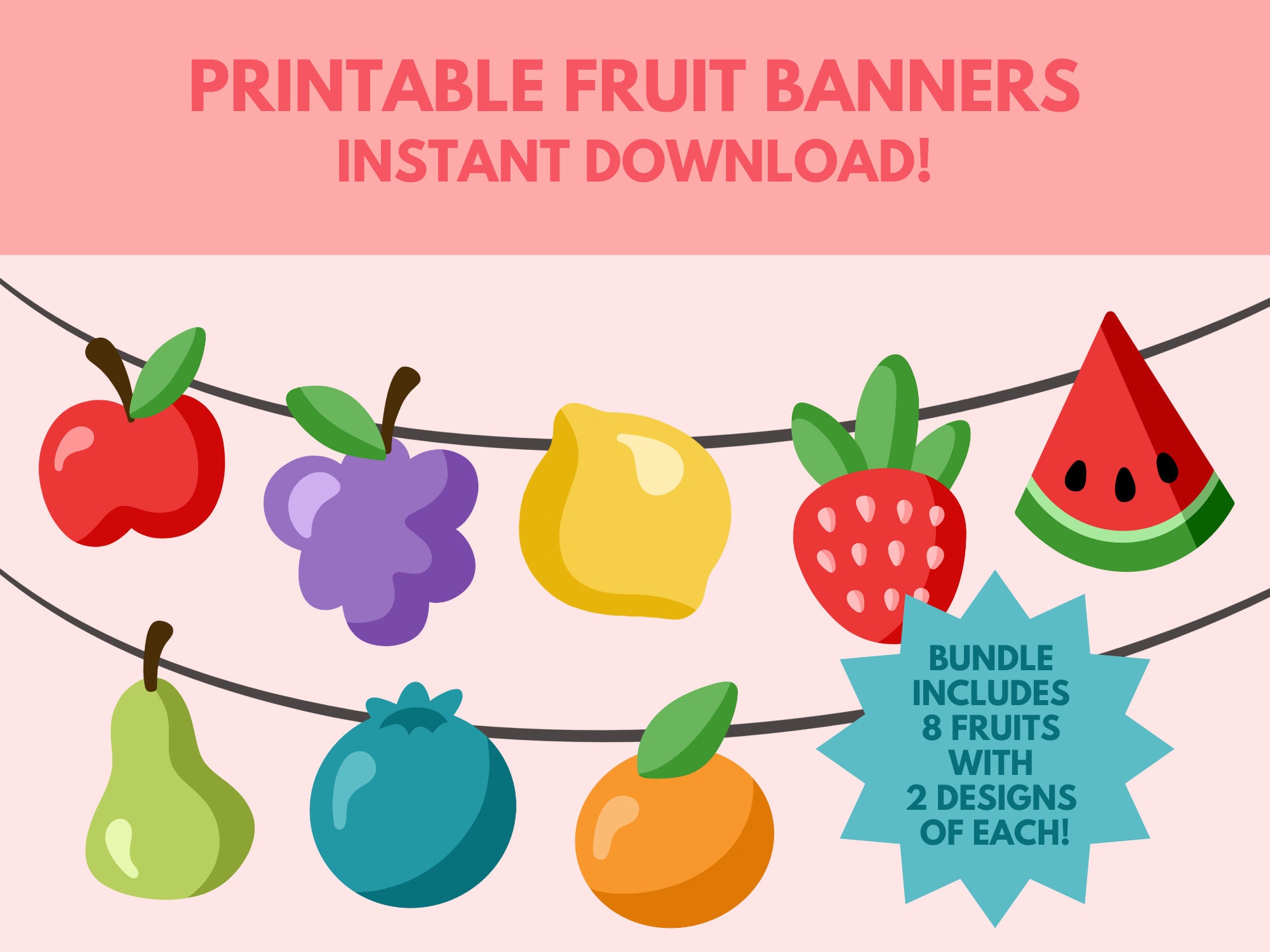 Printable Fruit Banner BUNDLE, DIY Fruit Garland, Strawberry, Blueberry ...