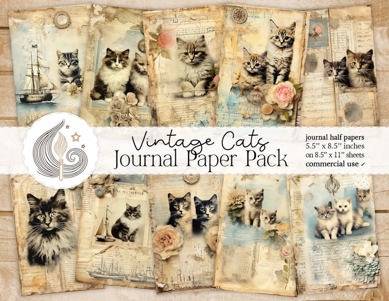 Vintage Cats Junk Journal Pages: Shabby Papers With Kittens and Antique ...