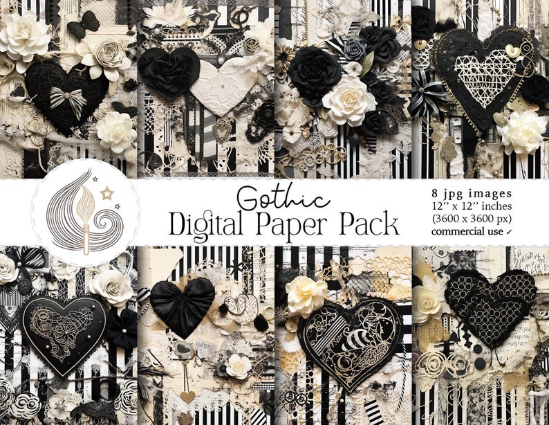 Gothic Digital Paper Pack: Vintage Black and White Collage Backgrounds ...