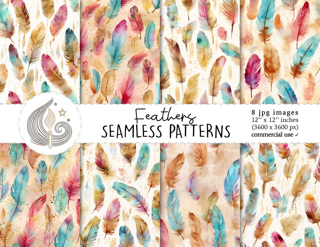 Feathers Seamless Patterns: Boho Watercolor Feather Digital Paper Pack ...