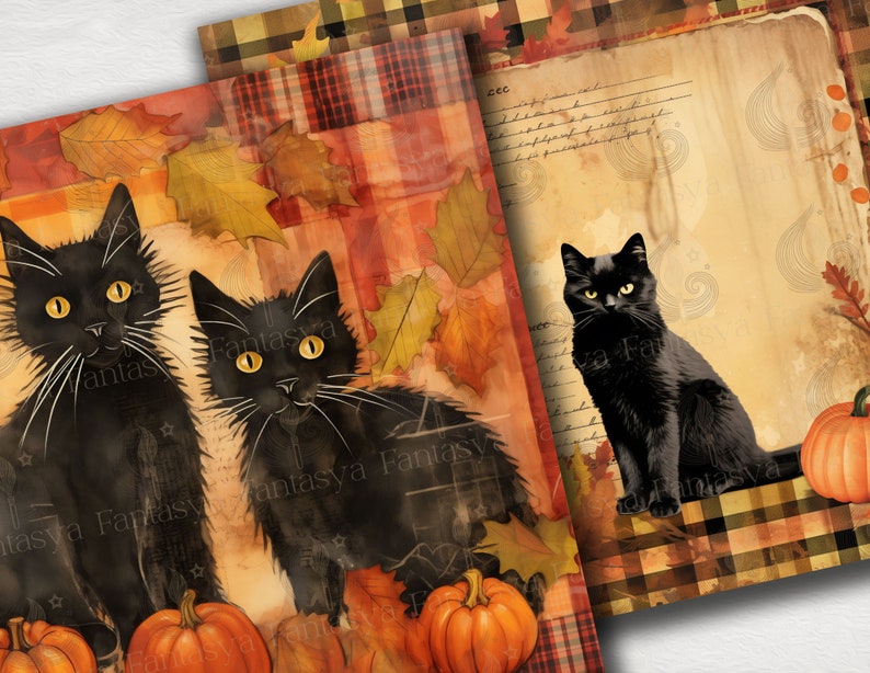 Fall Black Cats Digital Paper Pack: Cozy Autumn Watercolor Backgrounds ...