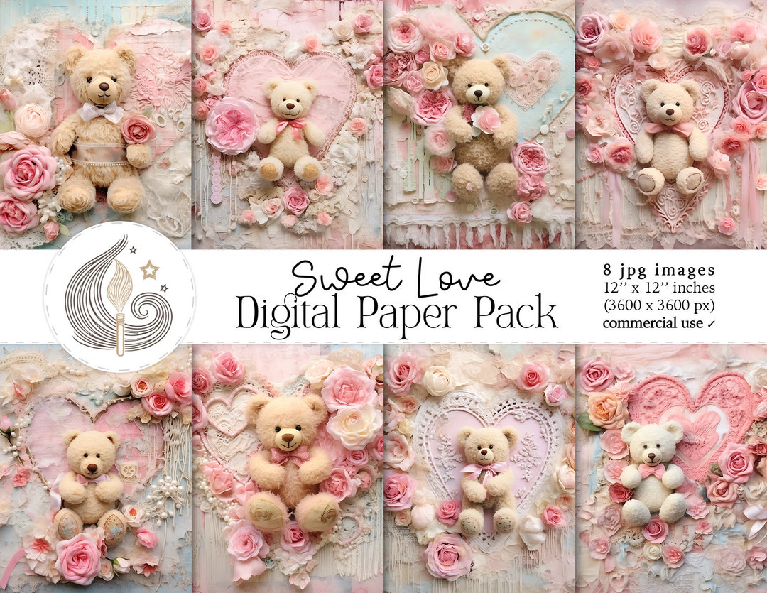 Sweet Love Digital Paper Pack: Soft Pink Teddy Bear & Floral ...
