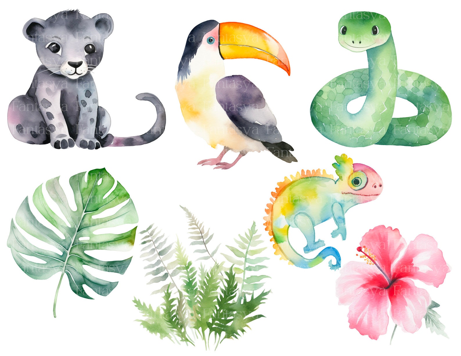 Watercolor Jungle Animals Clipart Pack: Safari Creatures and Tropical ...
