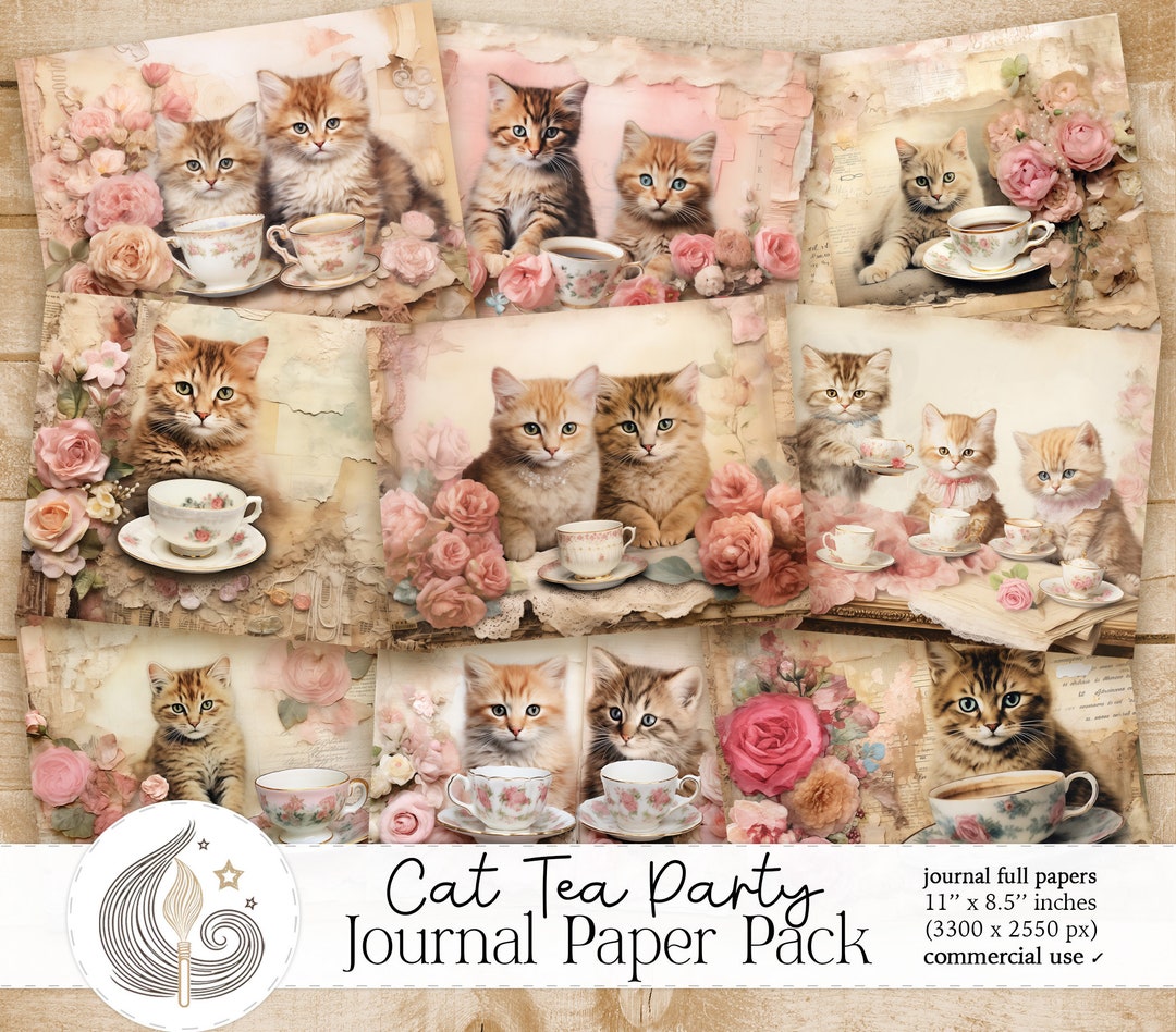 Pacote de papel para diário Cat Tea Party | Download digital | Suprimentos para diário | Rosas ...