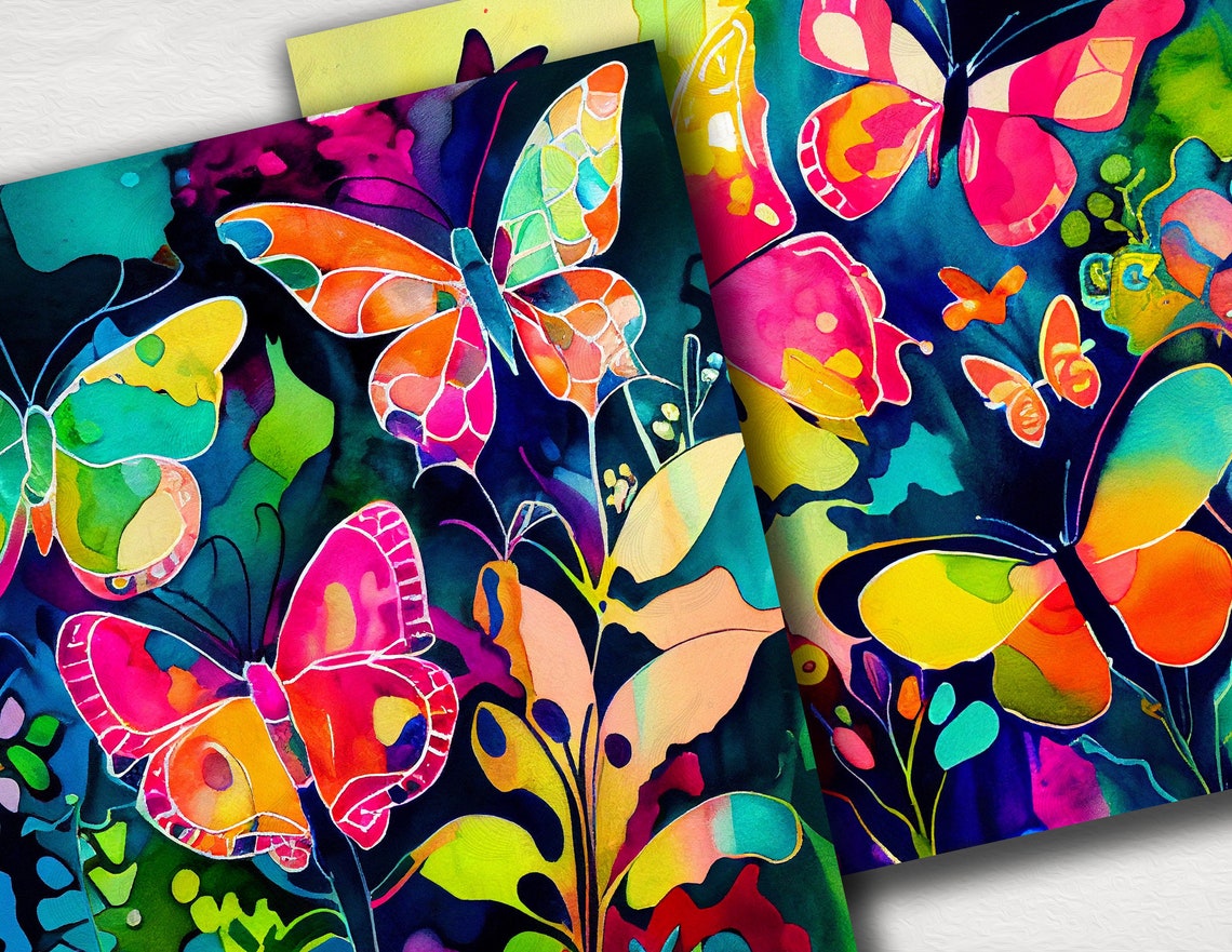 Butterflies Digital Paper Pack: Vibrant Colorful Watercolor Butterfly ...