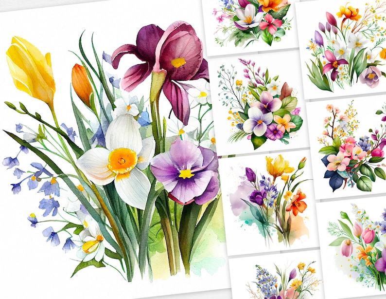 Watercolor Spring Flower Clipart: Floral Bouquet Images (digital ...