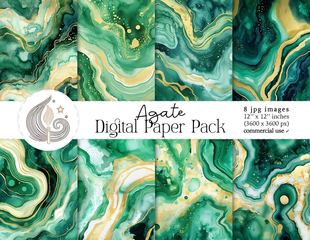 Agate Digital Paper | Emerald Green and Gold Watercolor Agate Paper ...