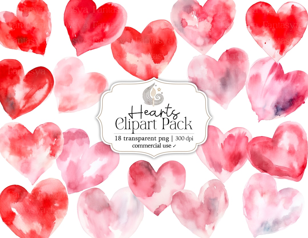 Watercolor Hearts Clipart | Digital Download | Hand Painted Hearts Png ...