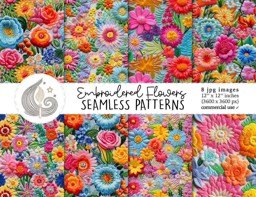 Embroidered Flowers Seamless Patterns: Colorful Textile-inspired Floral ...