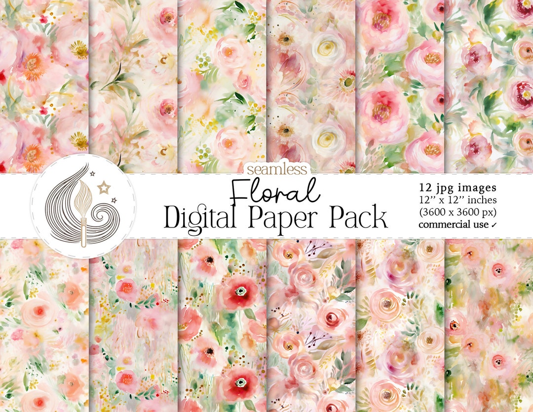 Floral Watercolor Digital Paper Set Flower Seamless Pattern Commercial ...