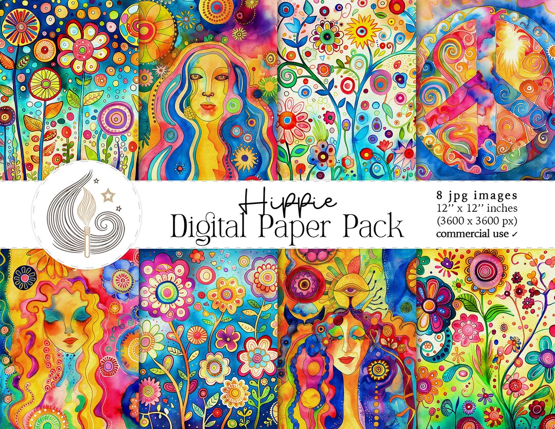 Hippie Digital Paper Pack: Colorful Boho Folk Art Backgrounds in Groovy ...