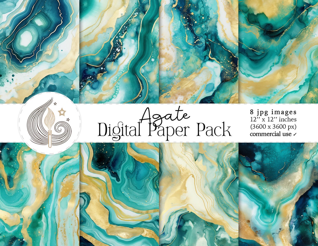 Agate Digital Paper | Teal and Gold Agate Watercolor Background ...