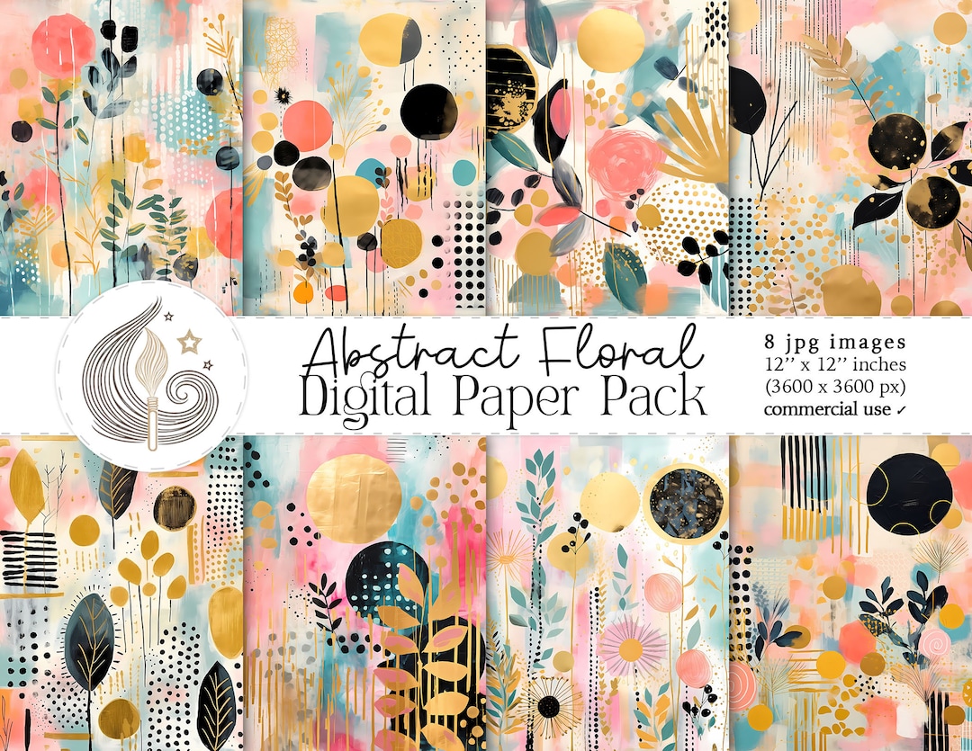 Abstract Floral Digital Paper Pack: Modern Gold and Pastel Botanical ...