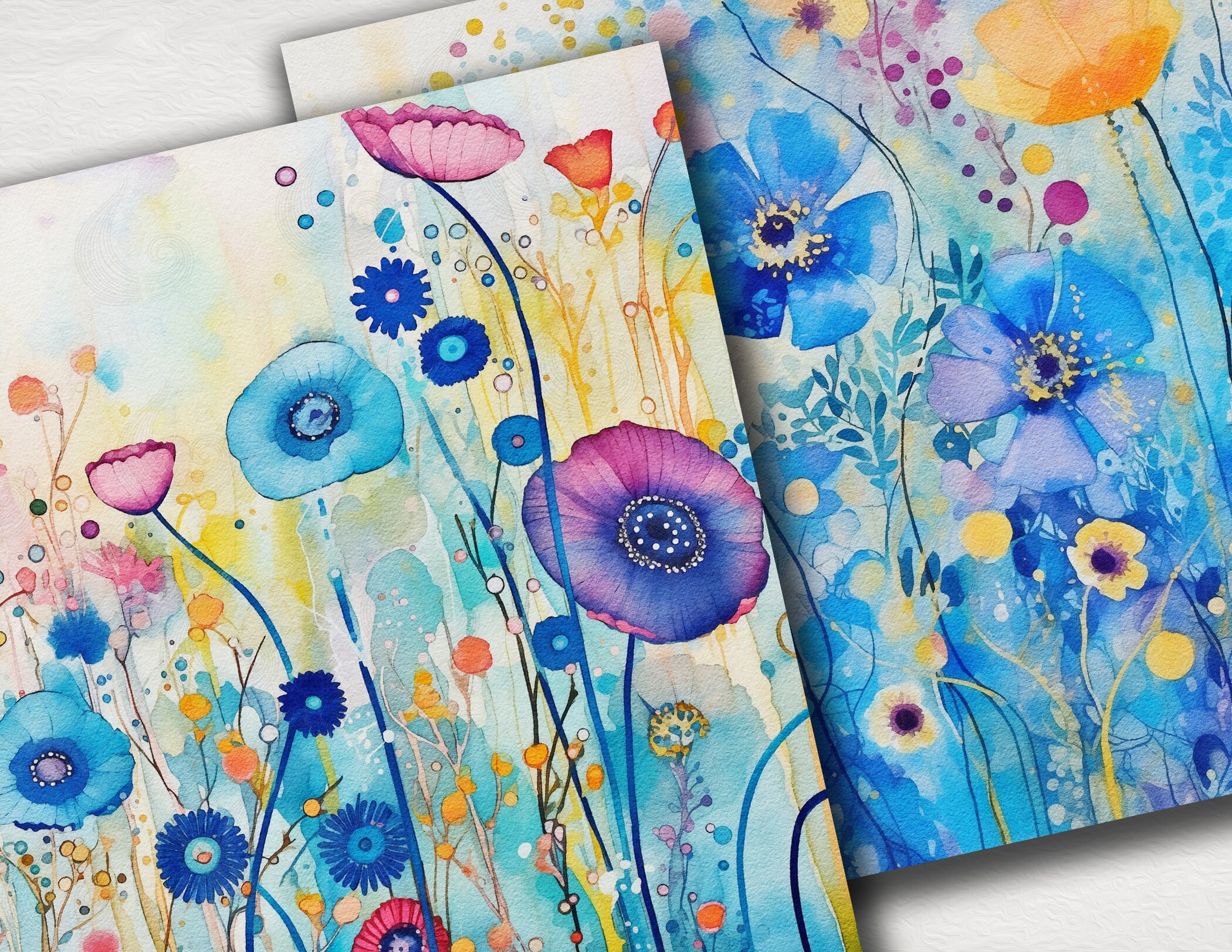 Floral Digital Paper Pack: Watercolor Garden Backgrounds in Blue Tones ...