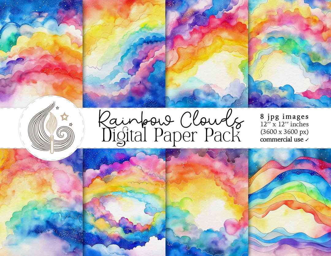 Rainbow Clouds Digital Paper Pack: Watercolor Sky Backgrounds in Bright ...