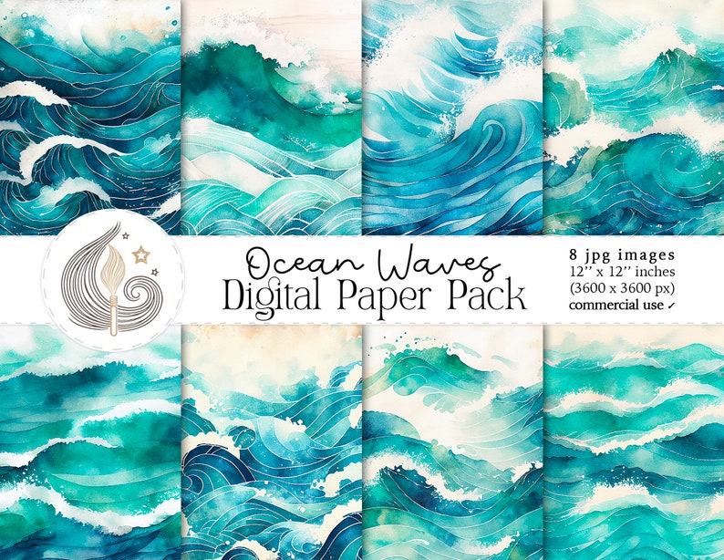 Ocean Waves Digital Paper Watercolor Texture Digital - Etsy