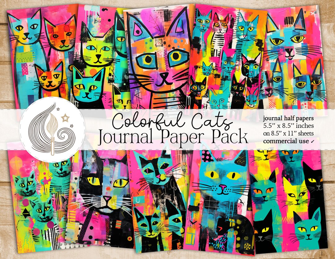 Colorful Cats Junk Journal Pages: Bright Artistic Papers With Playful ...