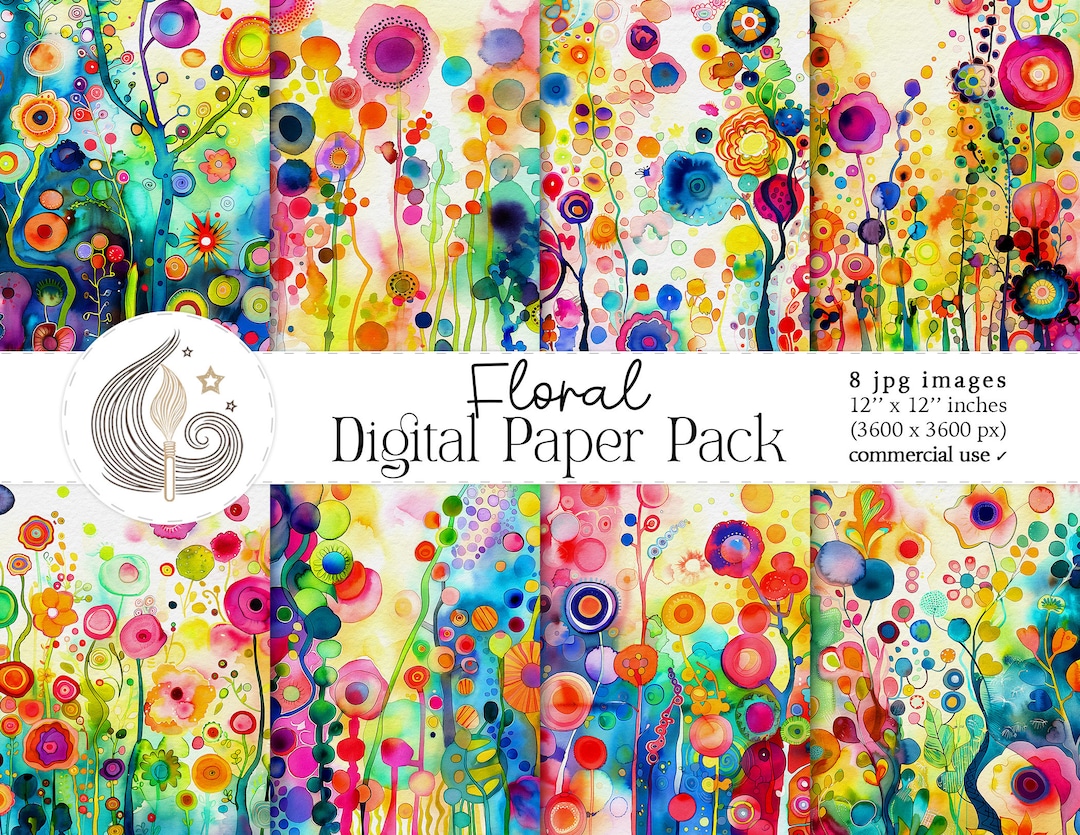 Floral Digital Paper Pack: Whimsical Watercolor Flower Patterns in ...