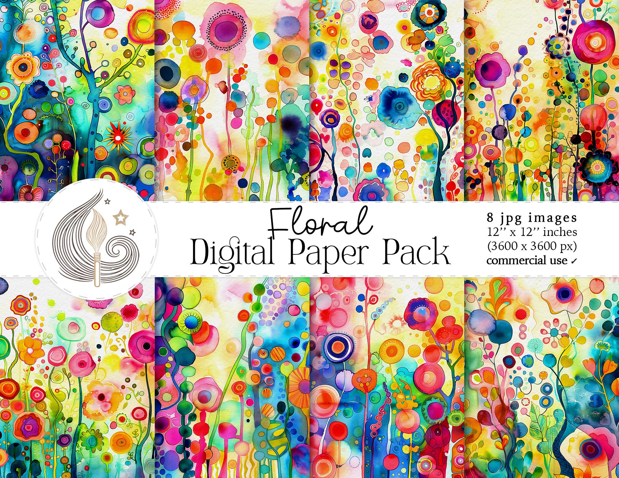 Floral Digital Paper Pack: Whimsical Watercolor Flower Patterns in ...
