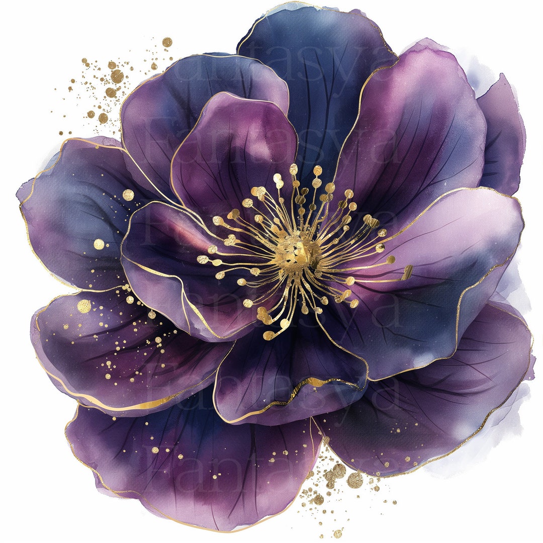 Watercolor Floral Clipart Set | Purple & Gold Flowers (digital Download ...