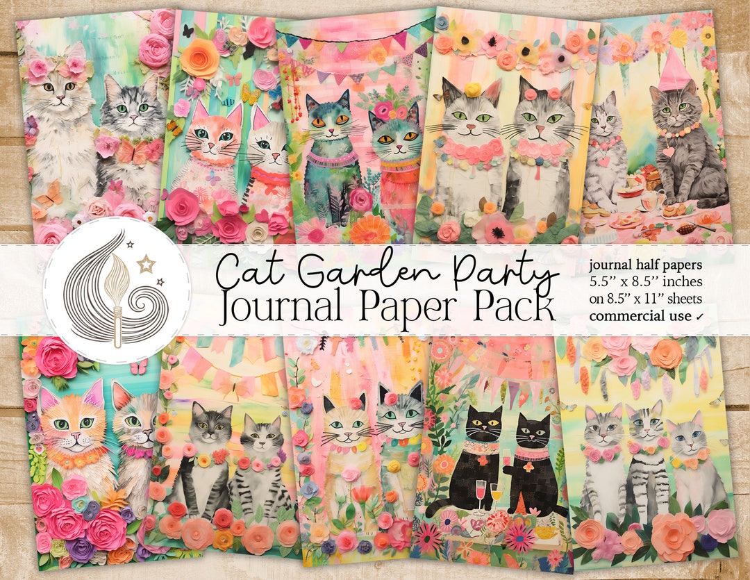 Cat Garden Party Junk Journal Pages: Whimsical Floral Papers With ...
