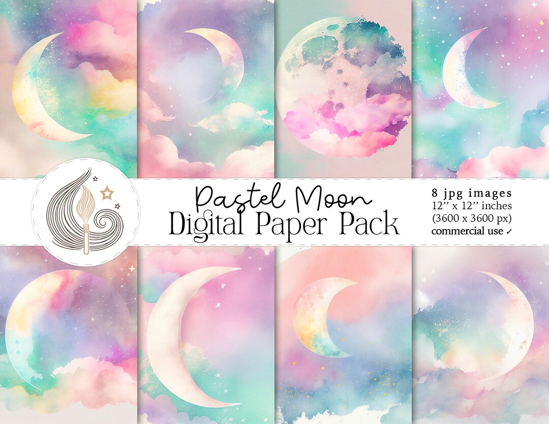 Moon Digital Paper | Pastel Watercolor Texture | Printable Paper ...