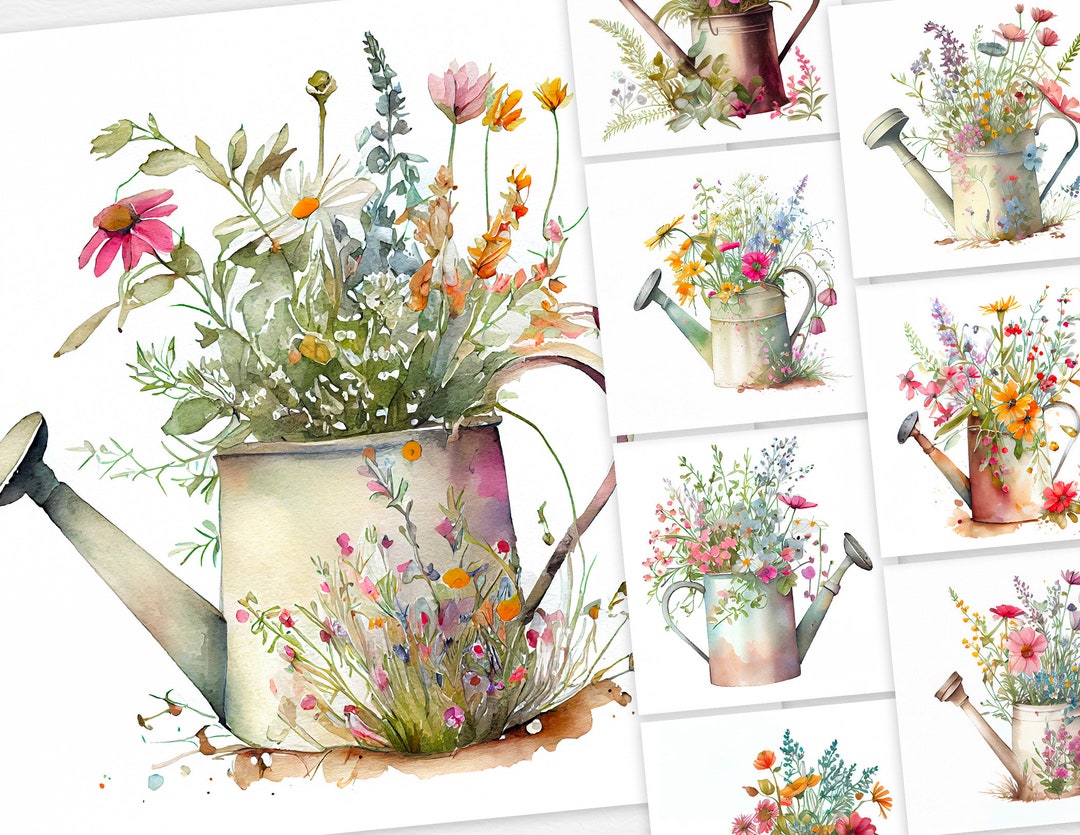 Watercolor Watering Can Floral Clipart | DIY Card Making (digital ...