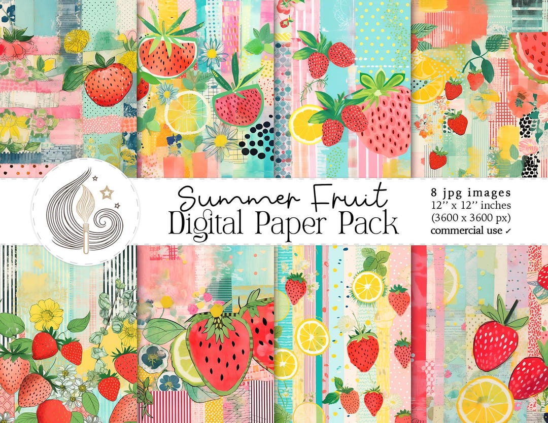 Summer Fruit Digital Paper Pack: Watercolor Strawberry & Citrus ...