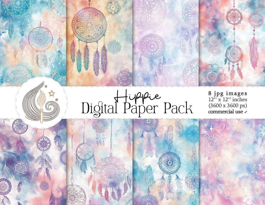 Hippie Digital Paper Pack: Watercolor Dreamcatcher Backgrounds in Soft ...